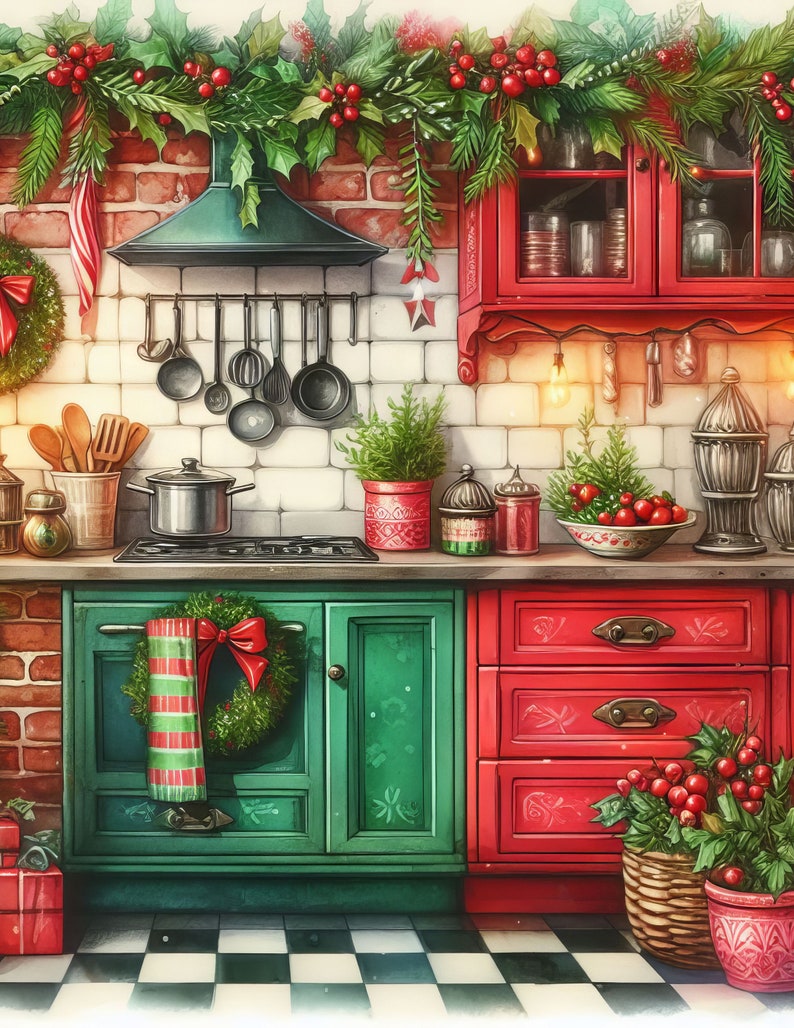 Christmas Kitchen: 10 High Res Watercolor Jpgs, Junk Journaling ...