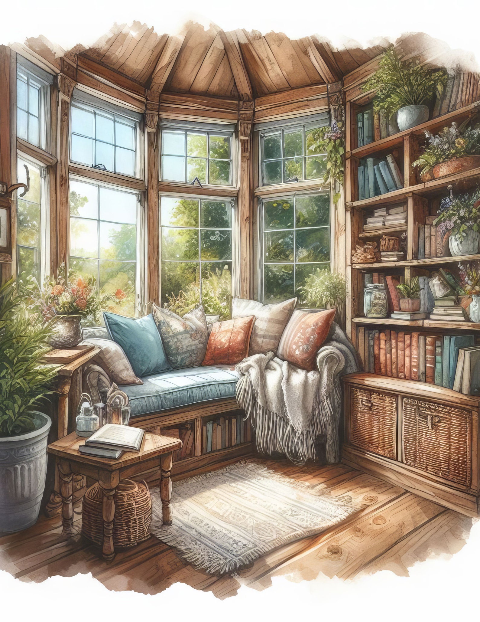 Bay Window Reading Nook: Clipart Bundle 10 High Res Watercolor Jpgs for ...