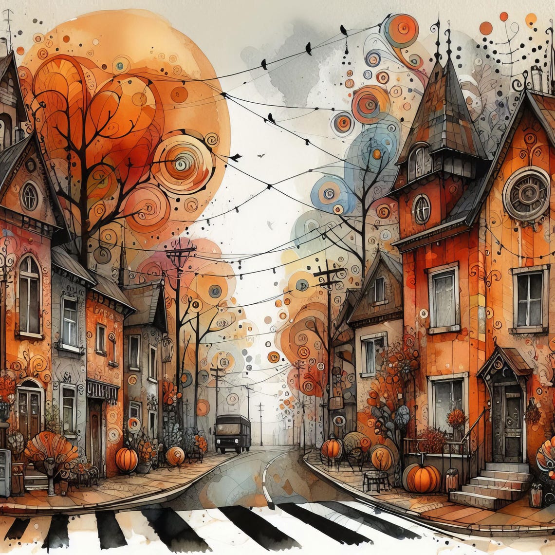 Quirky Fall Town 10 High Res Watercolor Jpgs Junk Journaling ...