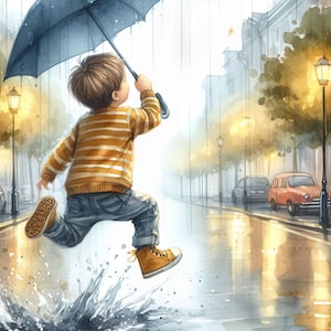 Little Boy Jumping in Puddles Clip Art Kit 10 High Res Watercolor Jpgs ...
