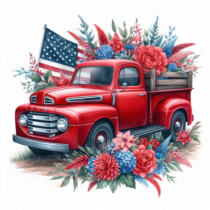 Red Truck: USA, Watercolor Clip Art, 4th of July (digital Art) - Etsy