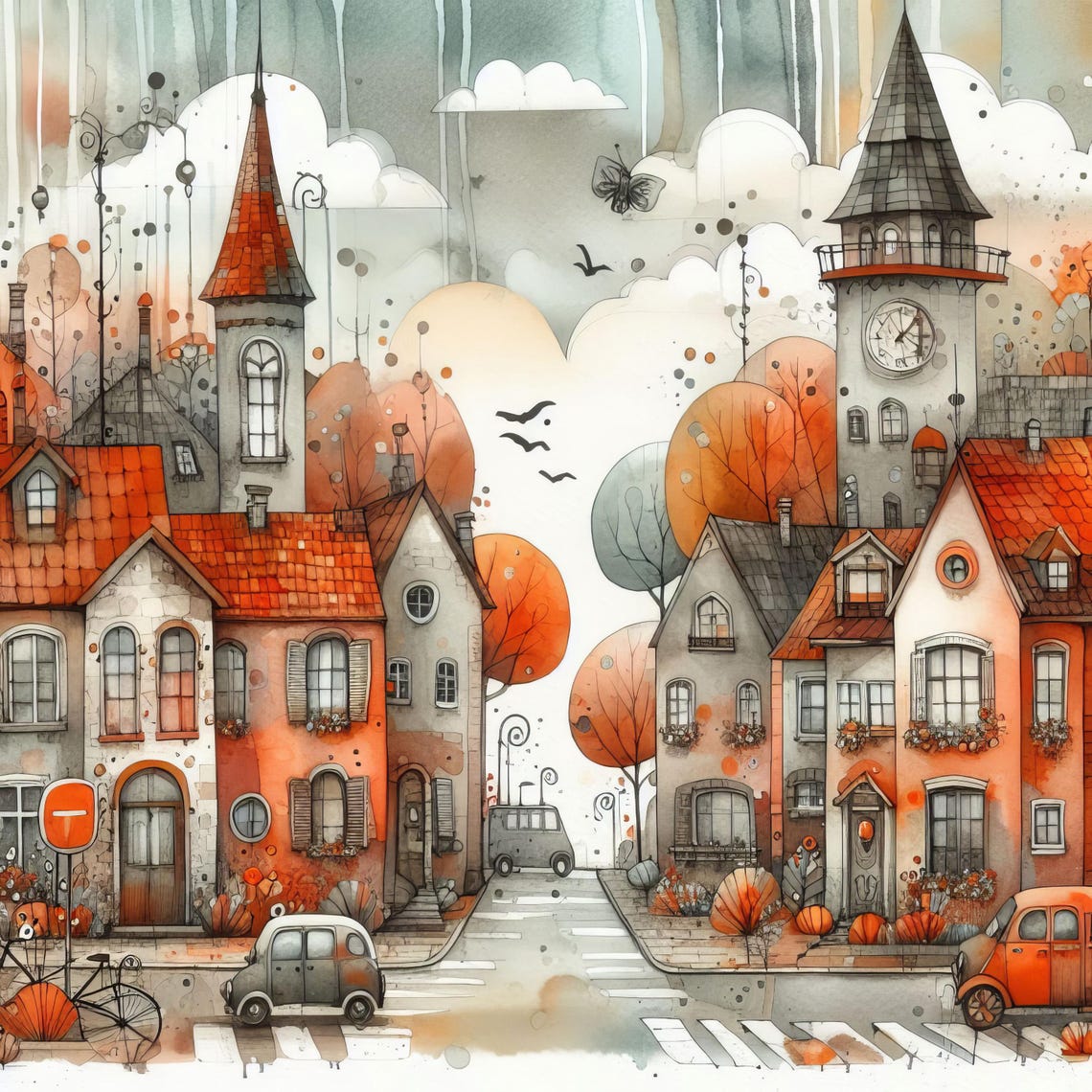 Quirky Fall Town 10 High Res Watercolor Jpgs Junk Journaling ...