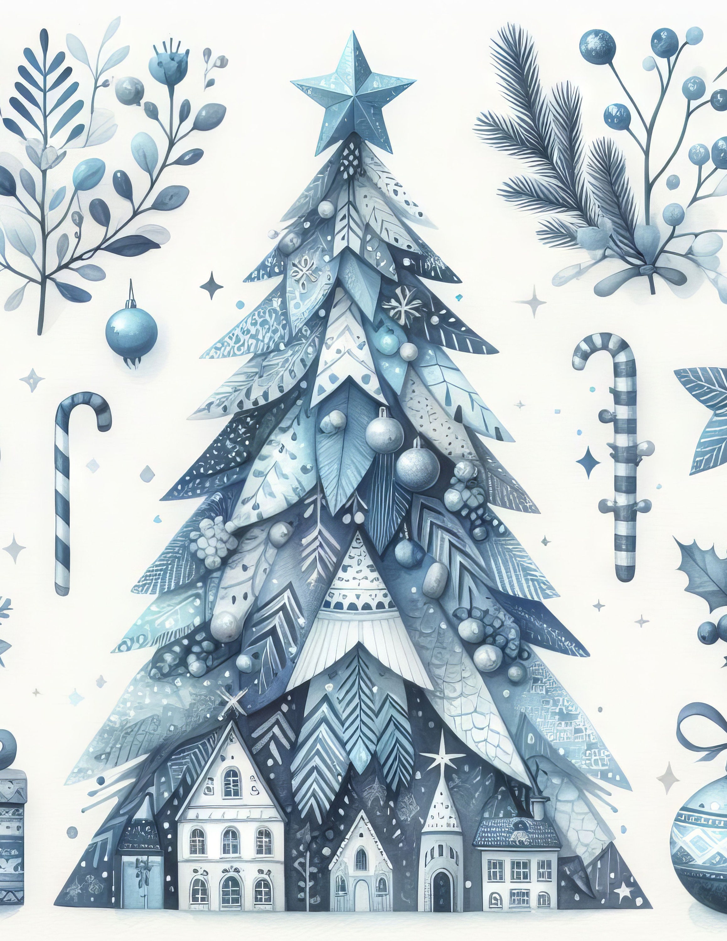 Nordic Blue Christmas Tree Clipart Bundle 10 High Res Watercolor Jpgs ...