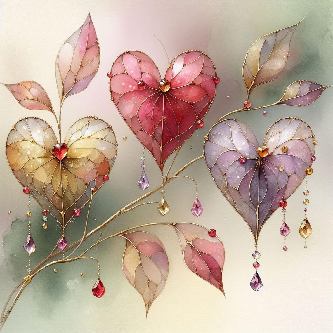 Jeweled Heart Leaves: 10 High Res Watercolor Jpgs, Junk Journaling ...