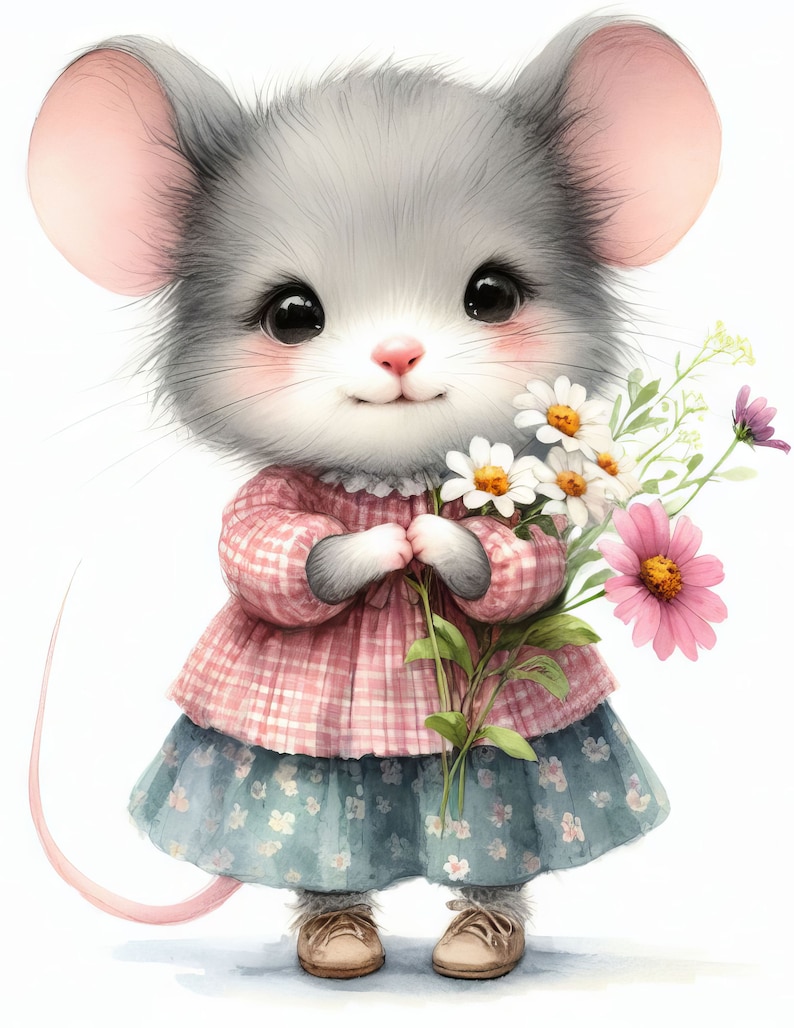 Mouse With Flowers 10 High Res Watercolor Jpgs for Junk Journaling ...
