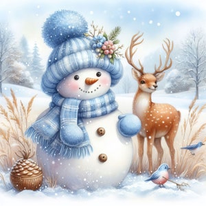 Snowman in Blue With Deer: Clipart, 10 High Res Watercolor Jpgs, Junk ...