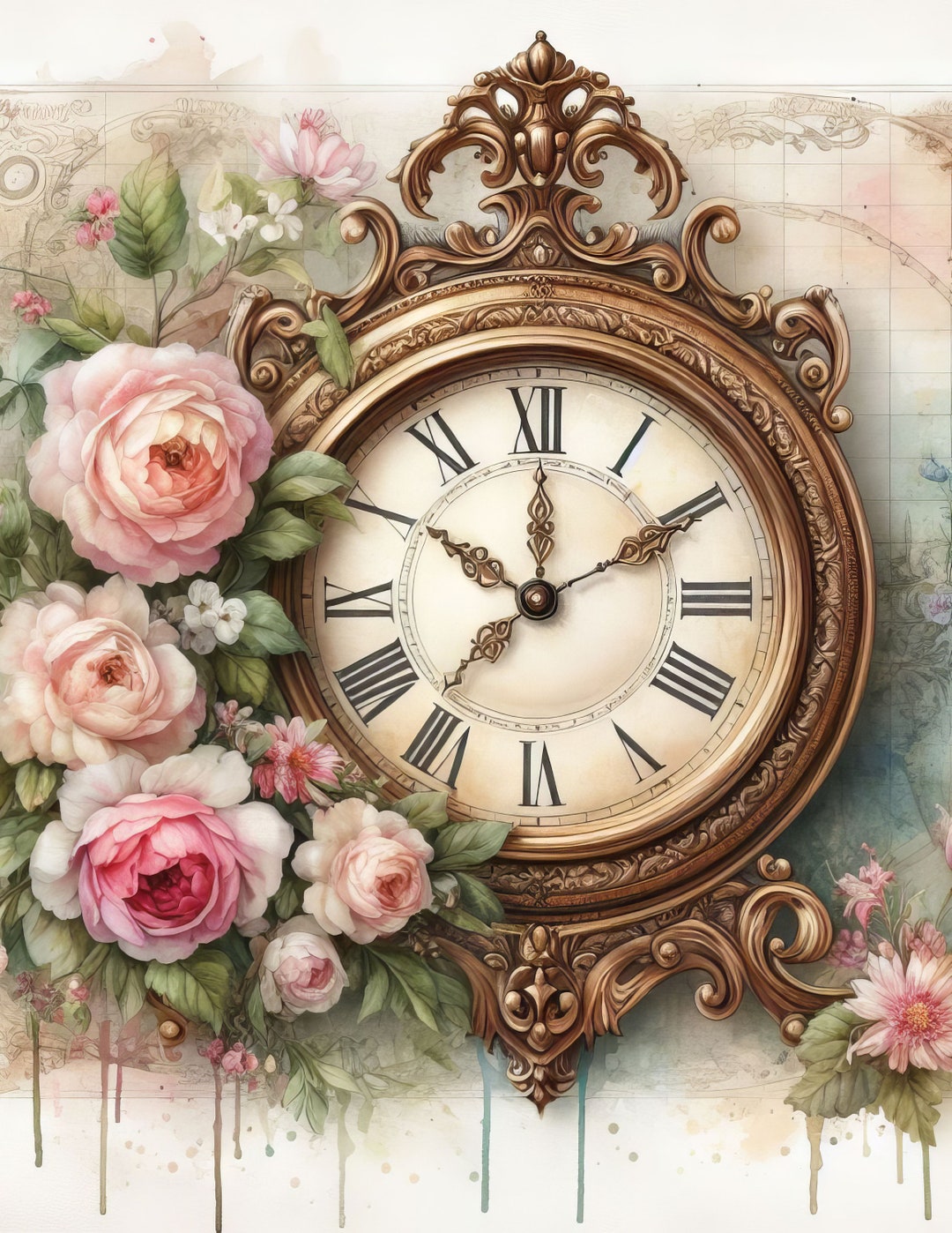 Vintage Clock: 10 High Res Watercolor Jpgs for Junk Journaling ...