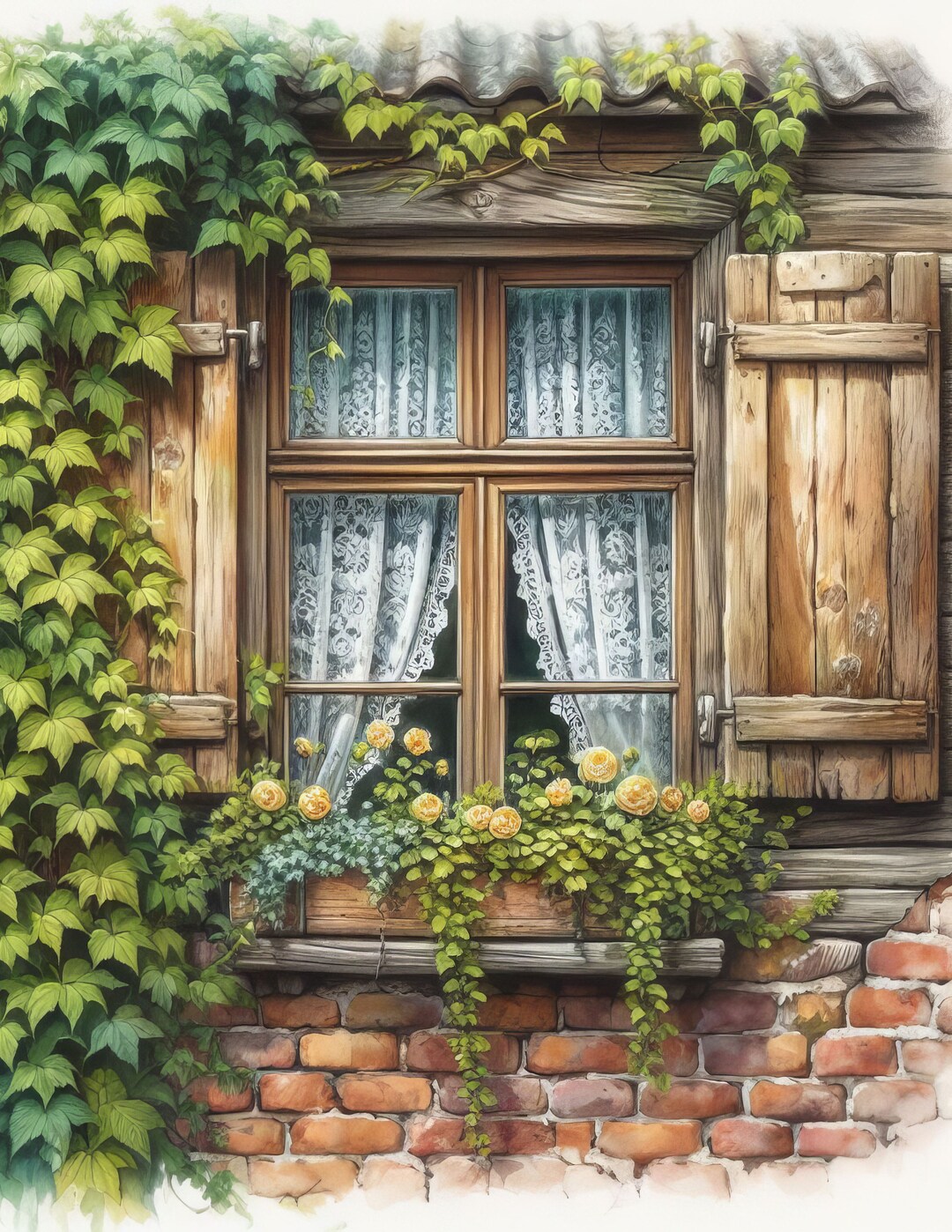 Ivy on Rustic Window Clip Art Kit 10 High Res Watercolor Jpgs for Junk ...