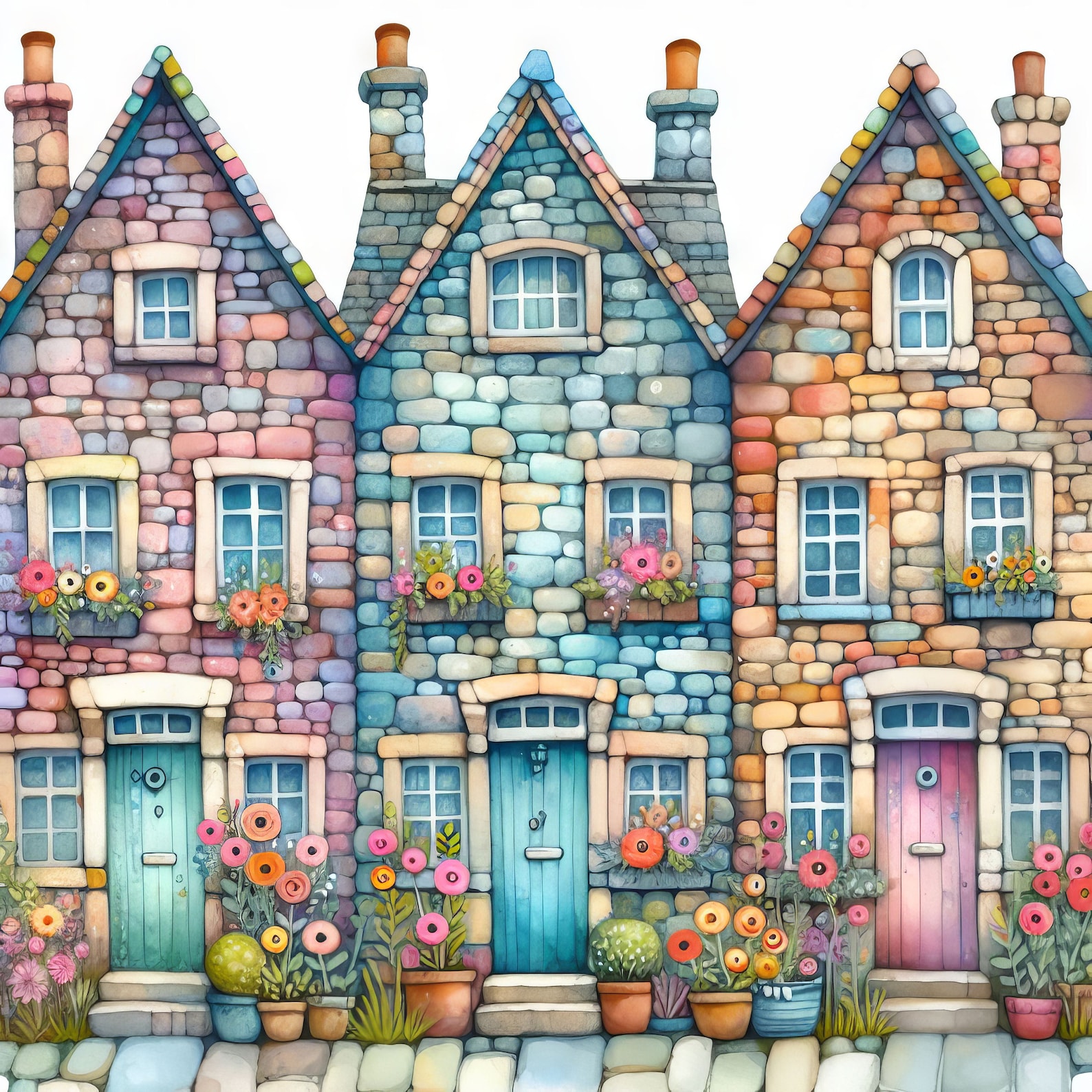 Whimsical Stone Row Houses Clip Art 10 High Res Watercolor Jpgs Junk ...