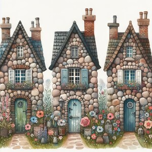 Whimsical Stone Row Houses Clip Art 10 High Res Watercolor Jpgs Junk ...