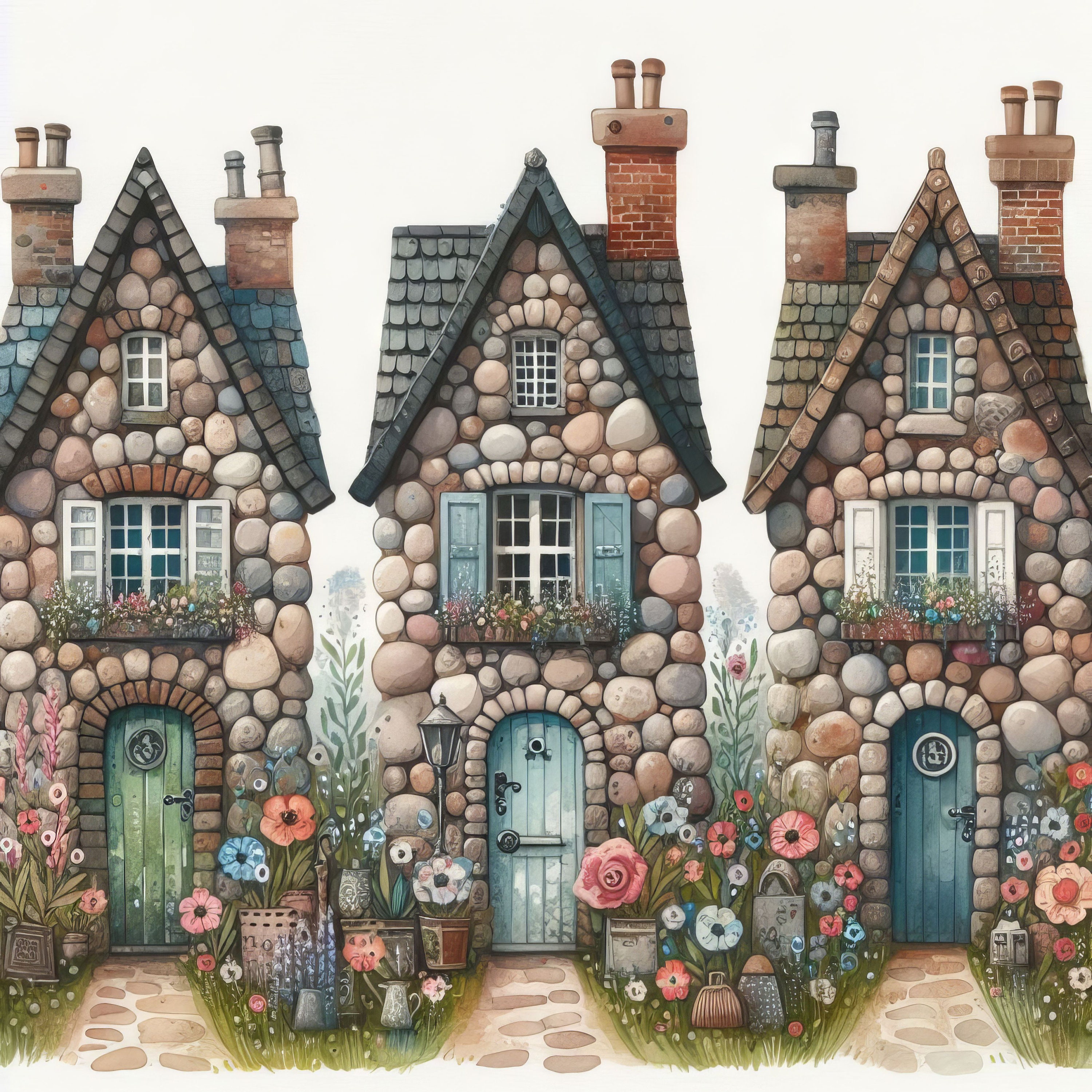 Whimsical Stone Row Houses Clip Art 10 High Res Watercolor Jpgs Junk ...