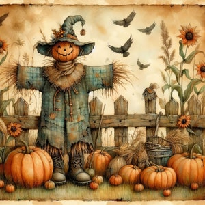 Whimsical Scarecrow in Pumpkin Patch: Clip Art, 10 High Res Watercolor ...