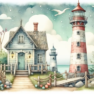 Whimsical Lighthouse Clip Art Kit 10 High Res Watercolor Jpgs for Junk ...