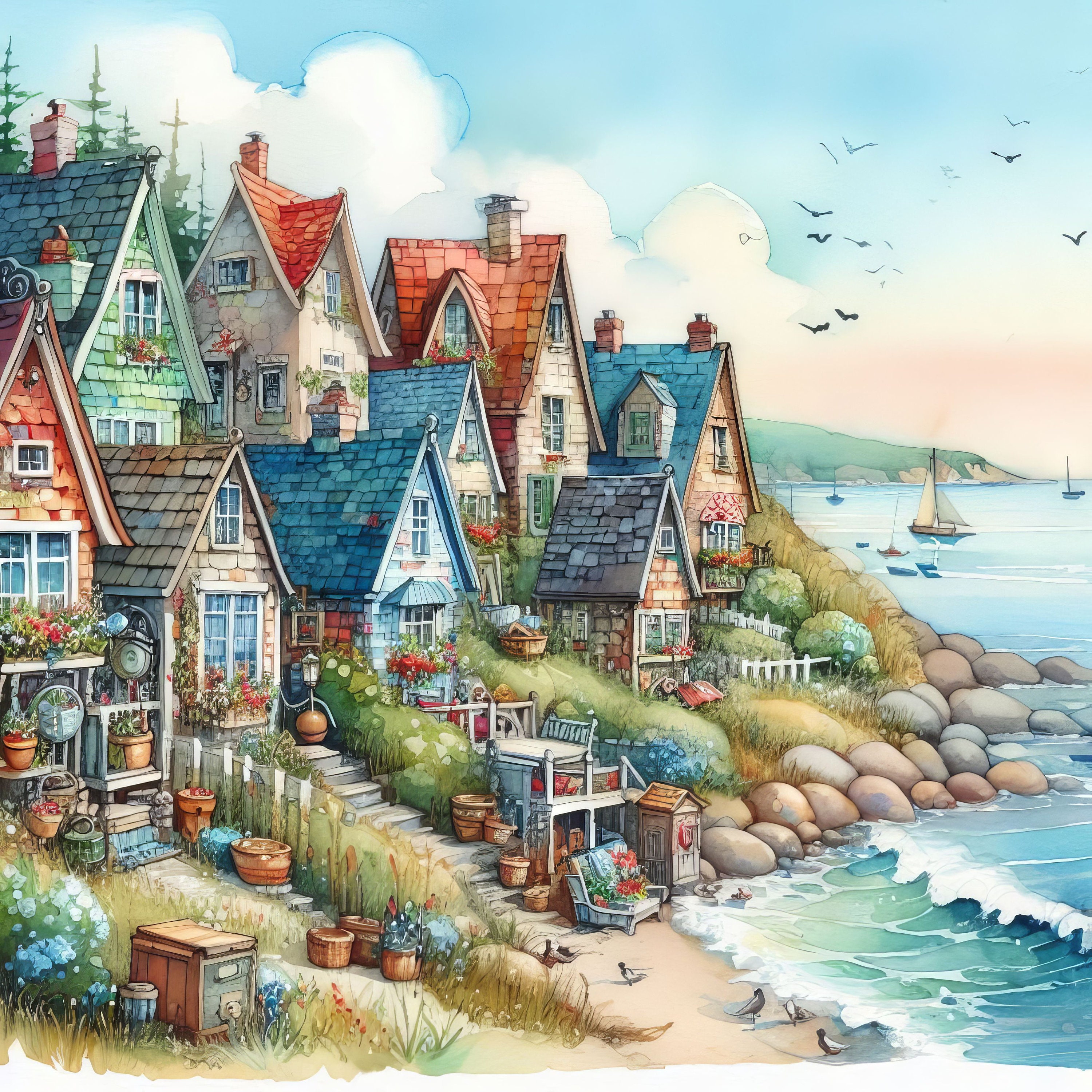 Whimsical Seaside Cottages Clip Art Bundle 10 High Res Watercolor Jpgs ...