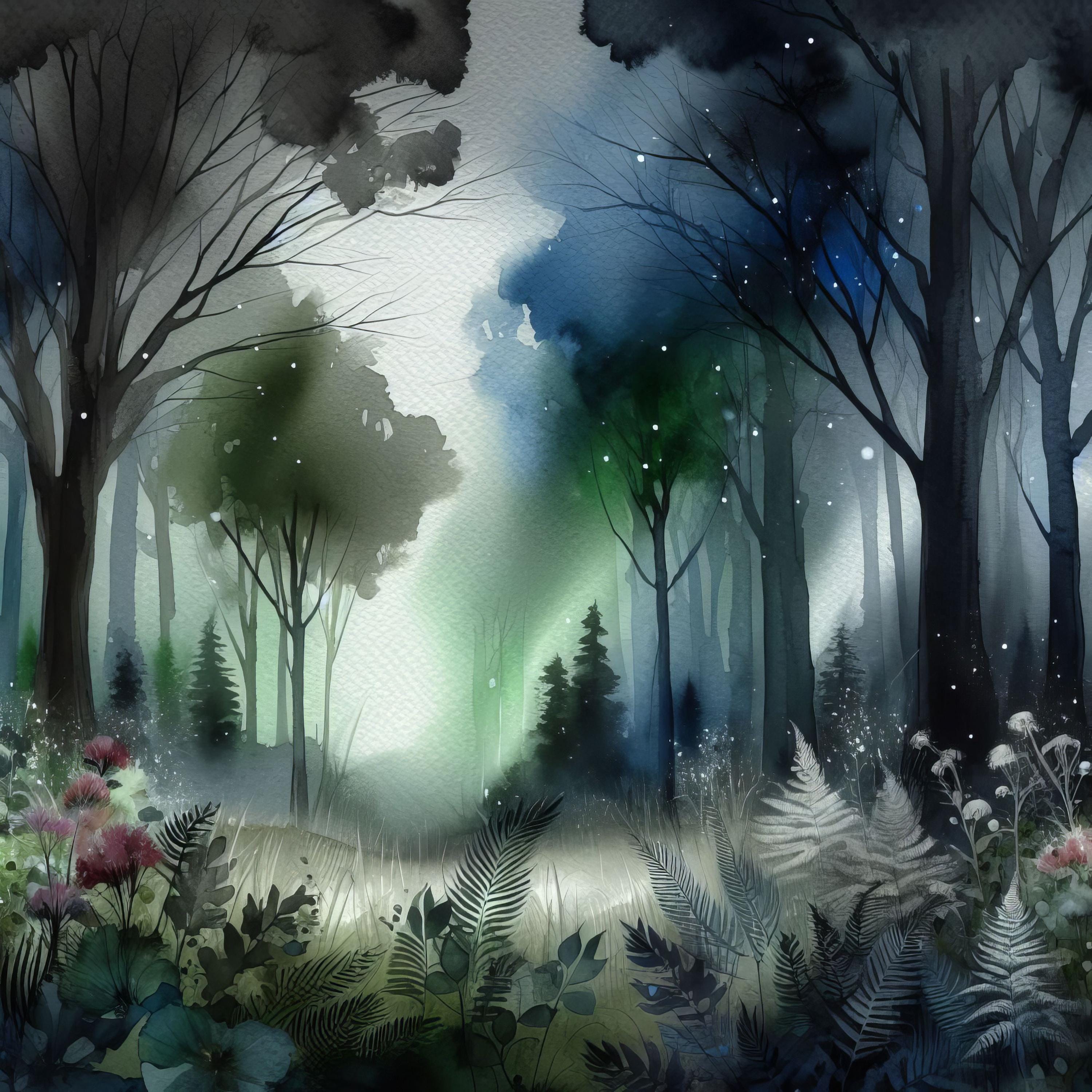 Night Time Forest: 10 High Res Watercolor Jpgs Junk Journaling ...