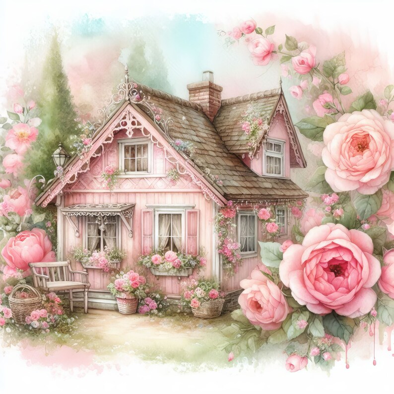 Pink Rose Cottage Clip Art 10 High Res Watercolor Jpgs for Junk ...