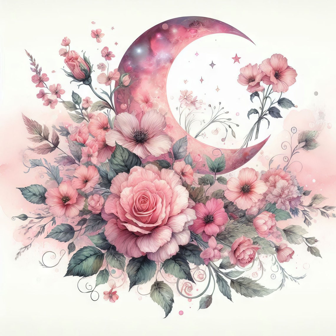Pink Moon: Clip Art, 10 High Res Watercolor Jpgs, Junk Journaling ...