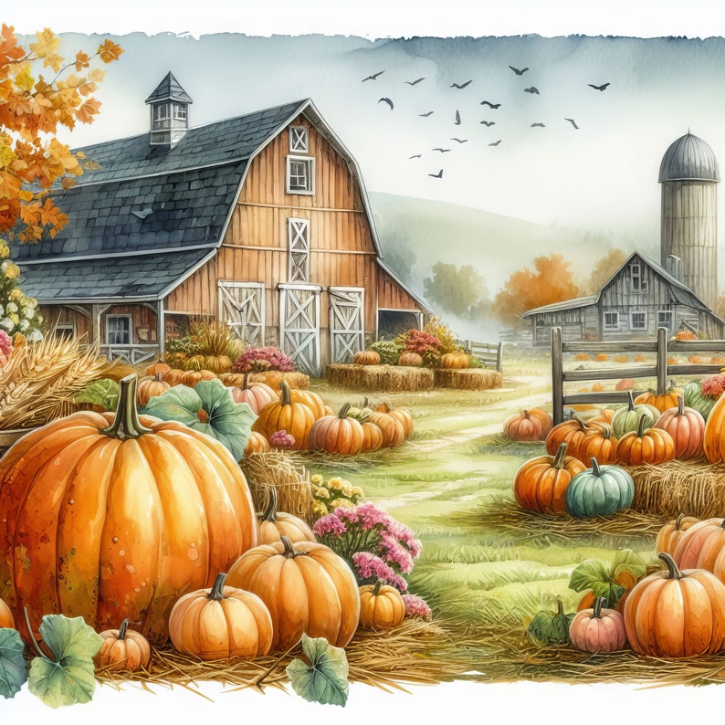 Pumpkin Patch Clip Art 10 High Res Watercolor Jpgs for Junk Journaling ...