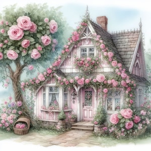 Pink Rose Cottage Clip Art 10 High Res Watercolor Jpgs for Junk ...