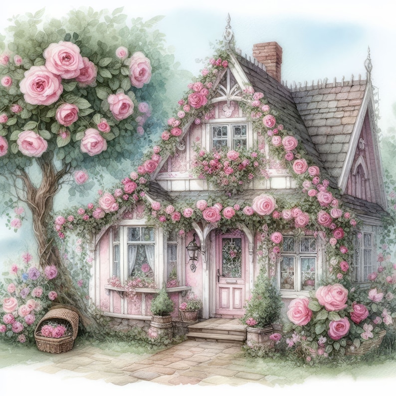 Pink Rose Cottage Clip Art 10 High Res Watercolor Jpgs for Junk ...