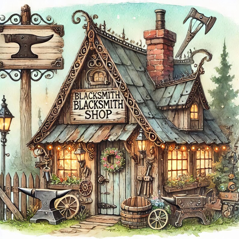 Blacksmith Shop 10 High Res Watercolor Jpgs Junk Journaling ...