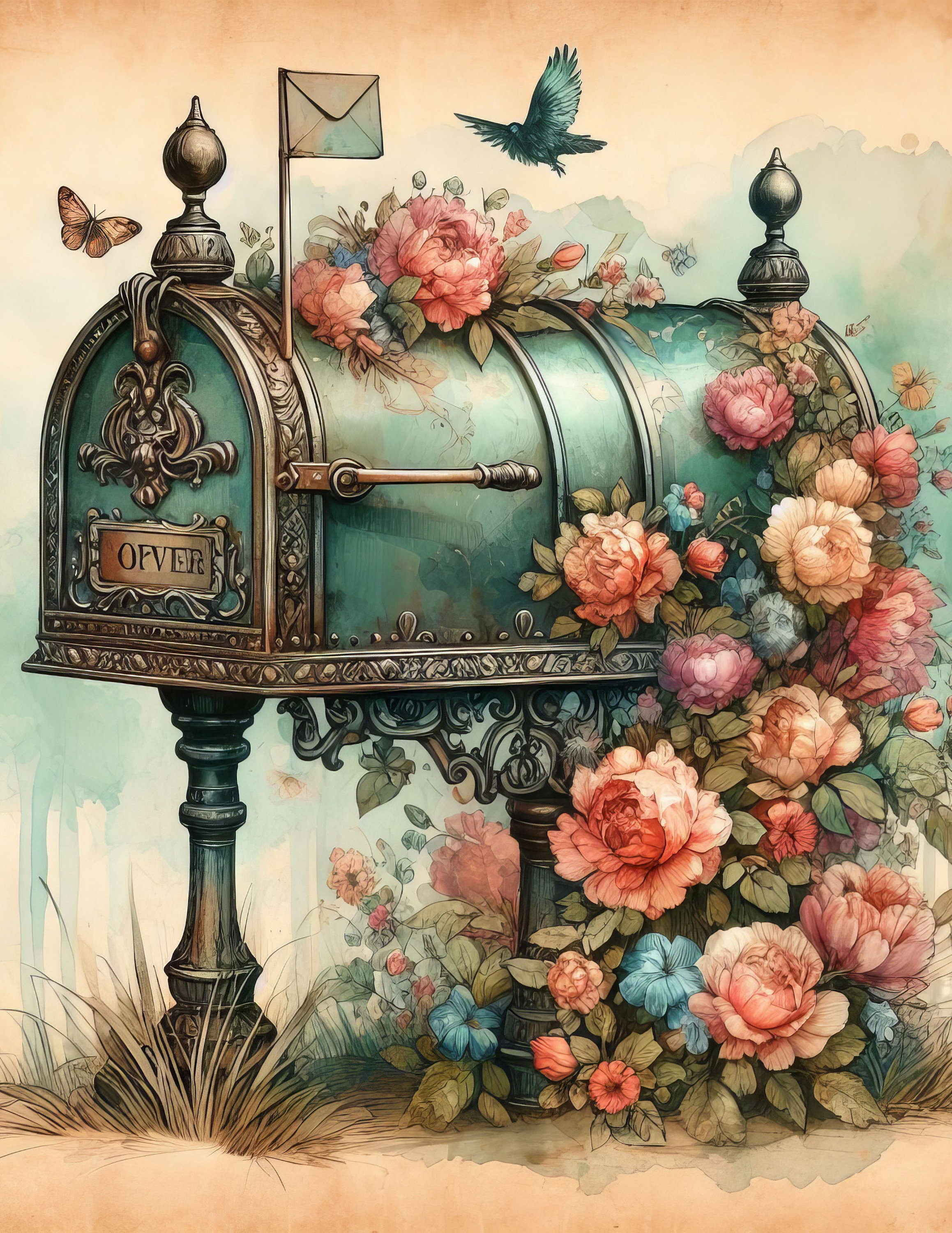 Vintage Mailbox With Flowers Clip Art Bundle 10 High Res Watercolor ...