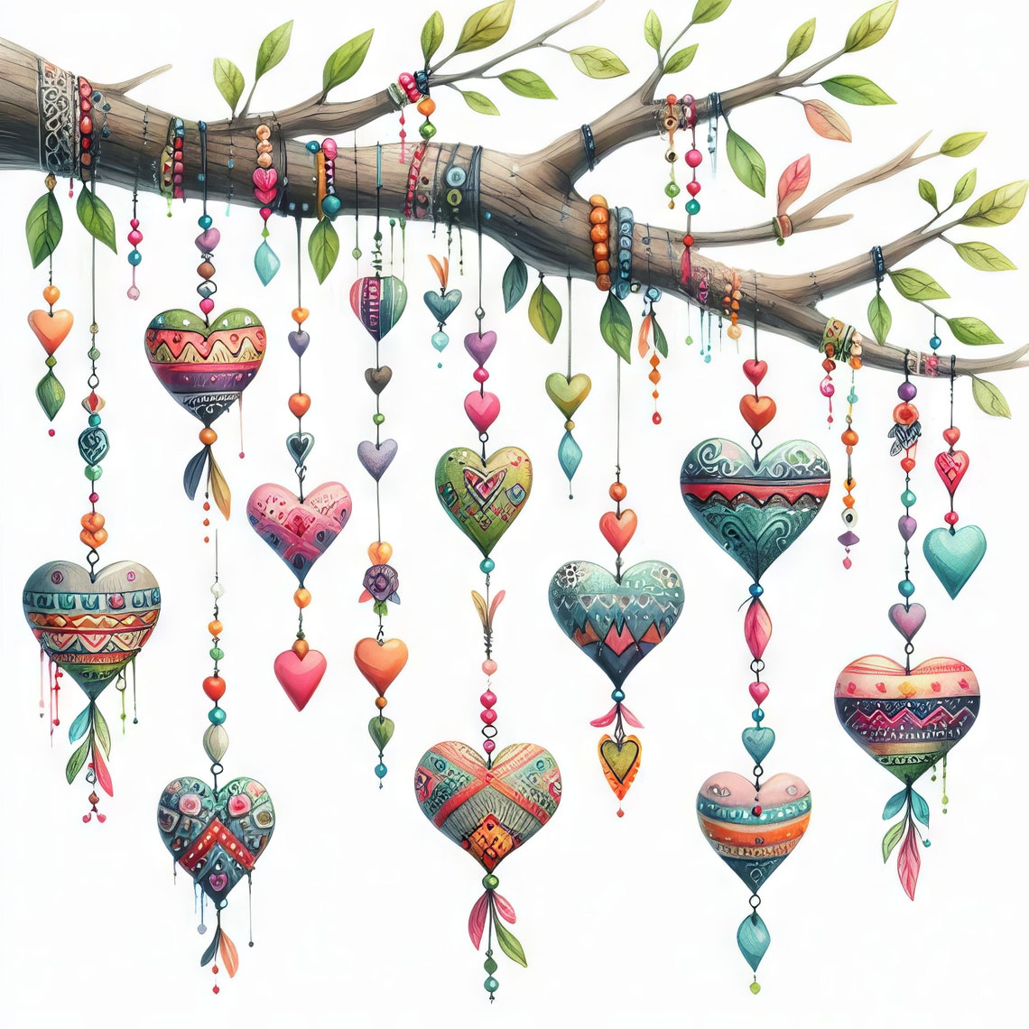 Hanging Boho Hearts: Clip Art, 10 High Res Watercolor Jpgs ,junk ...