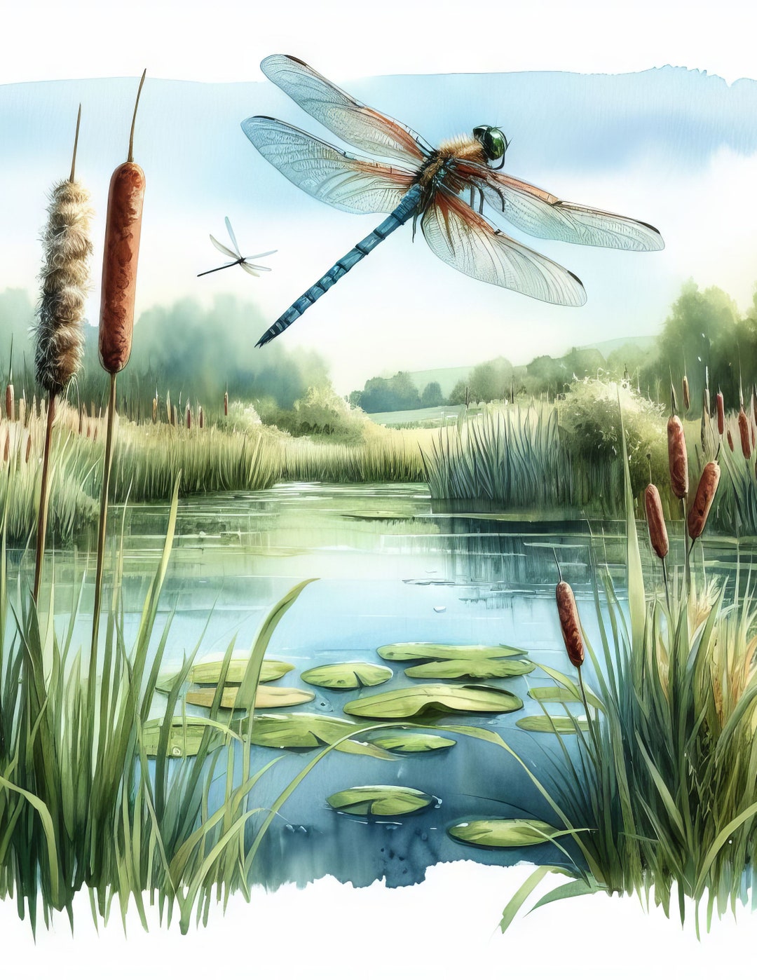 Cattails and Dragonflies Clip Art Kit 10 High Res Watercolor Jpgs for ...
