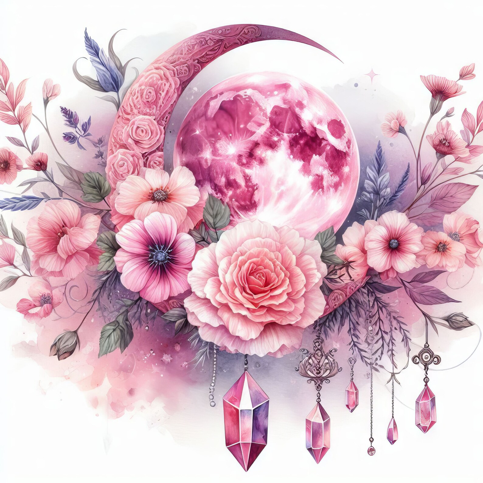 Pink Moon: Clip Art, 10 High Res Watercolor Jpgs, Junk Journaling ...