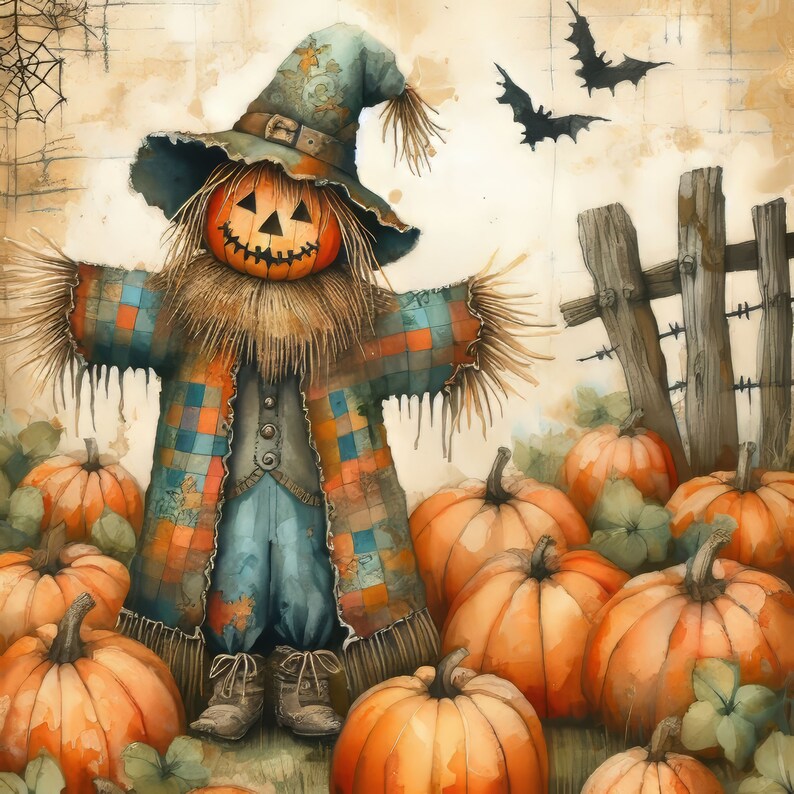 Whimsical Scarecrow in Pumpkin Patch: Clip Art, 10 High Res Watercolor ...