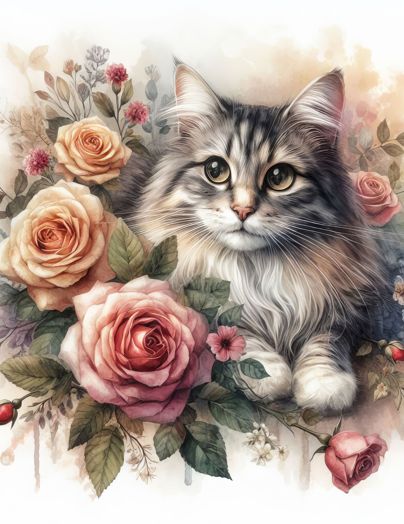 Cat With Roses: Clipart 10 High Res Watercolor Jpgs for Junk Journaling ...
