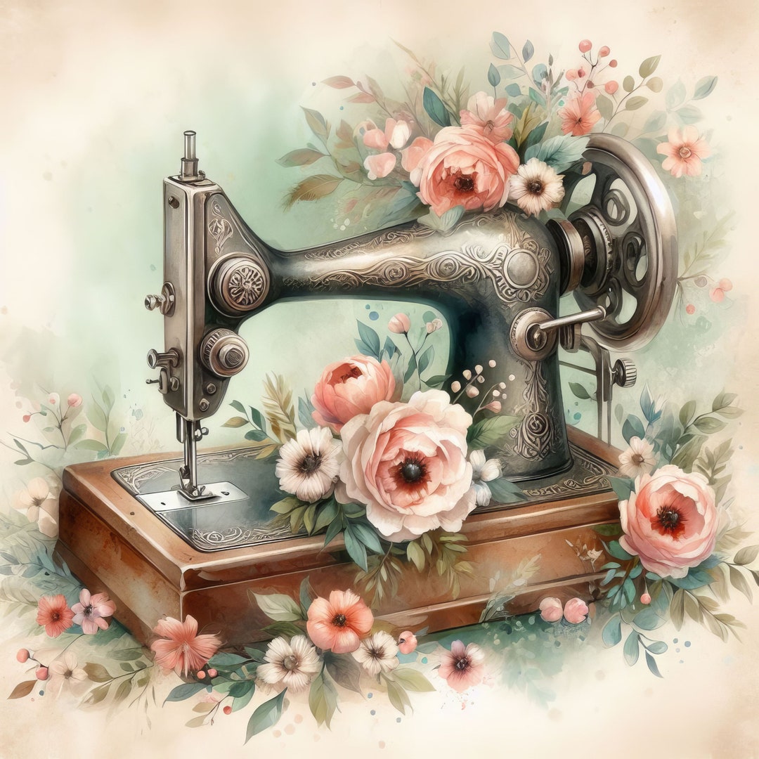 Vintage Sewing Machine: Clip Art Bundle 10 High Res Watercolor Jpgs for ...