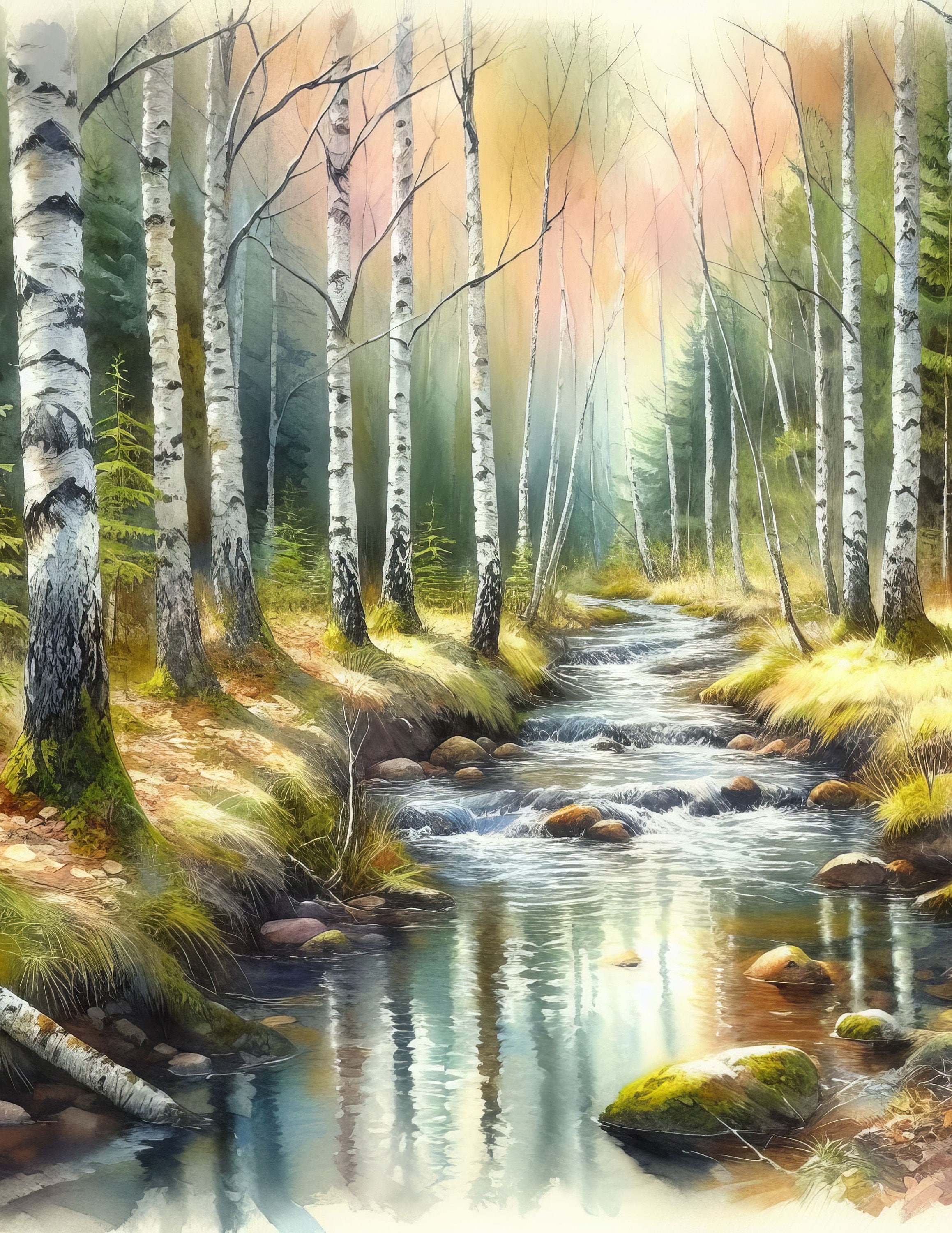 Brook Through Birch Trees Clip Art Kit 10 High Res Watercolor Jpgs for ...