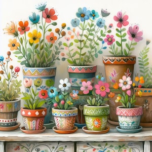 Whimsical Flowers in Pots Art Bundle 10 High Res Watercolor Jpgs for ...