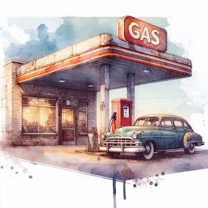 Retro Gas Station Clip Art 10 High Res Watercolor Jpgs for Junk ...