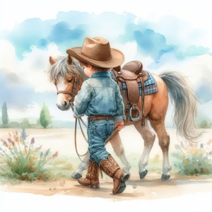 Little Boy With Horse Clip Art Bundle 10 High Res Watercolor Jpgs Junk ...