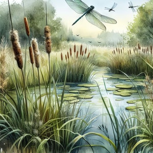 Cattails and Dragonflies Clip Art Kit 10 High Res Watercolor Jpgs for ...