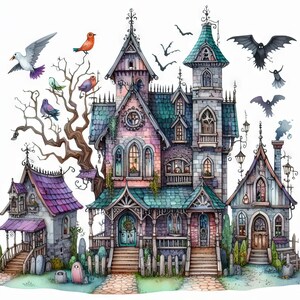 Whimsical Haunted House: Clip Art Bundle 10 High Res Watercolor Jpgs ...