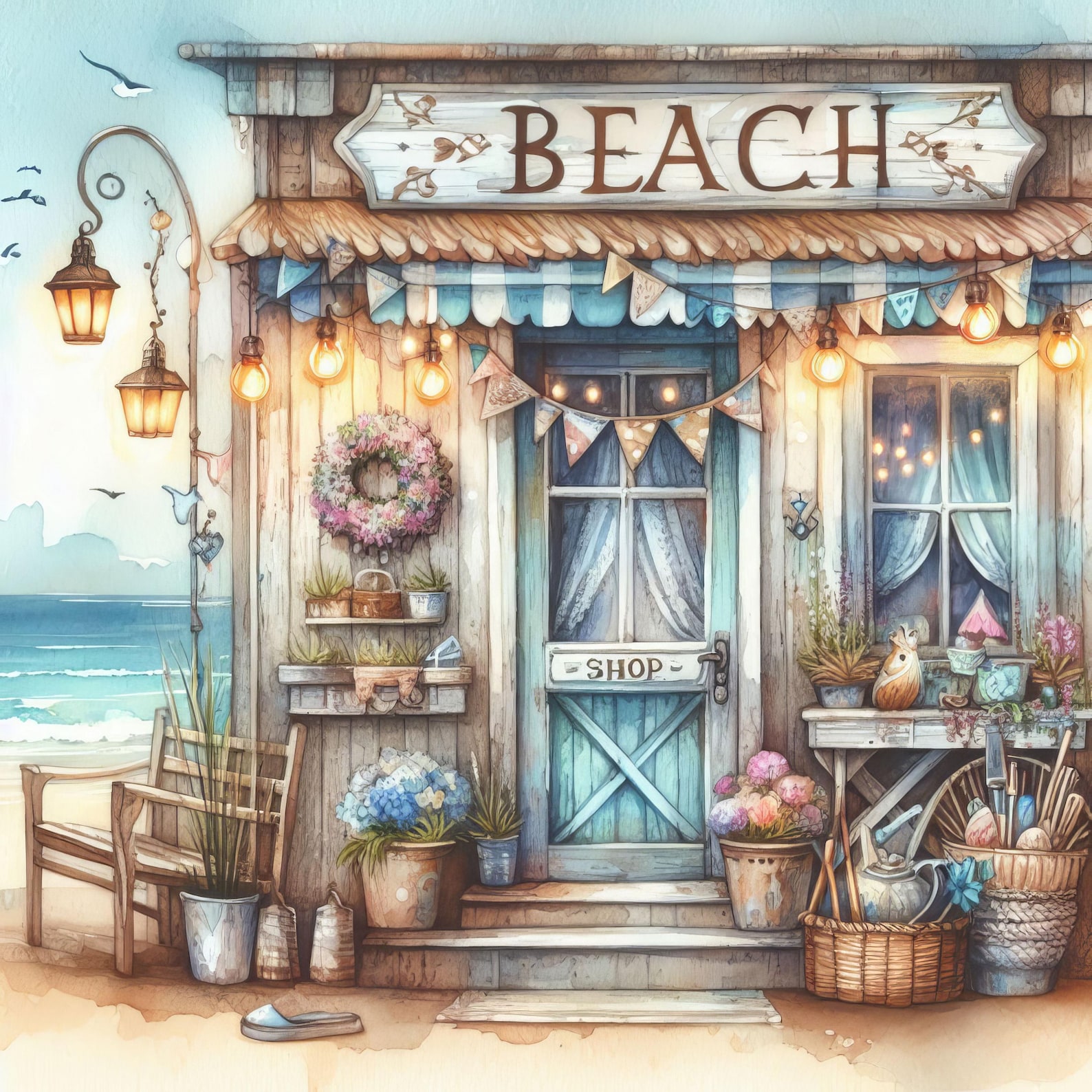 Beach Shop 10 High Res Watercolor Jpgs Junk Journaling, Scrapbooking ...