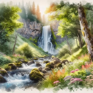 Summer Waterfall: 10 High Res Watercolor Jpgs, Junk Journaling ...