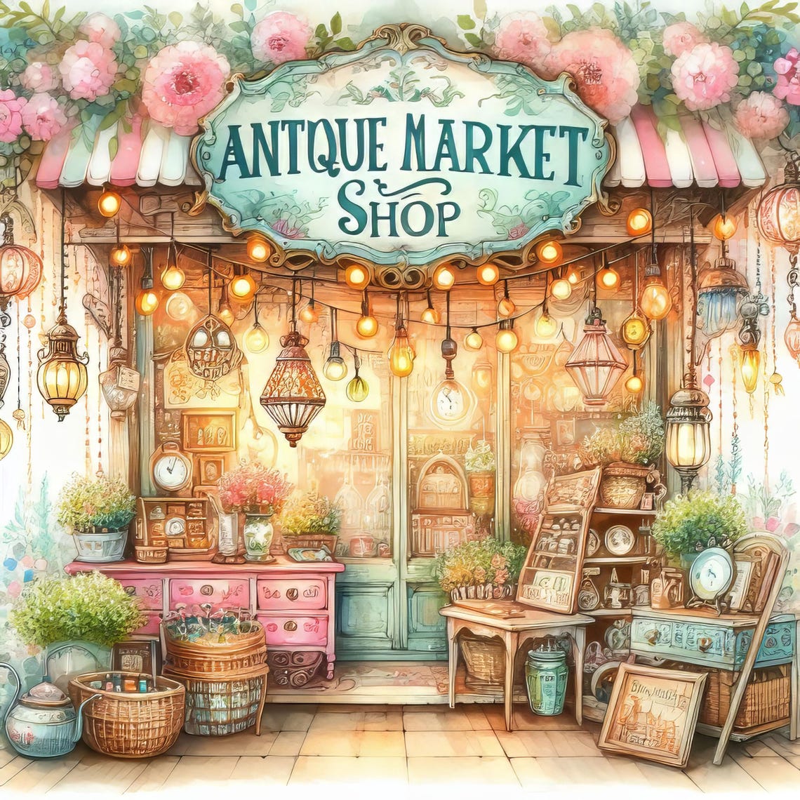 Antique Market Shop Art 10 High Res Watercolor Jpgs Junk Journaling ...