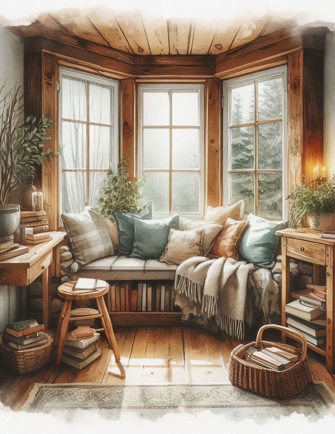 Bay Window Reading Nook: Clipart Bundle 10 High Res Watercolor Jpgs for ...