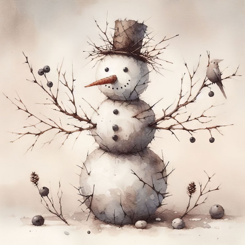 Rustic Snowman Clip Art 10 High Res Watercolor Jpgs for Junk Journaling ...