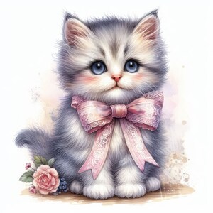 Kitten With Pink Bow Clip Art Bundle 10 High Res Watercolor Jpgs for ...