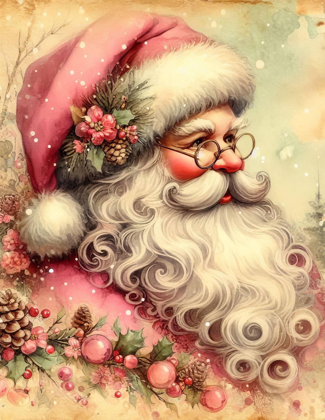 Vintage Pink Santa Clipart Bundle 10 High Res Watercolor Jpgs for Junk ...