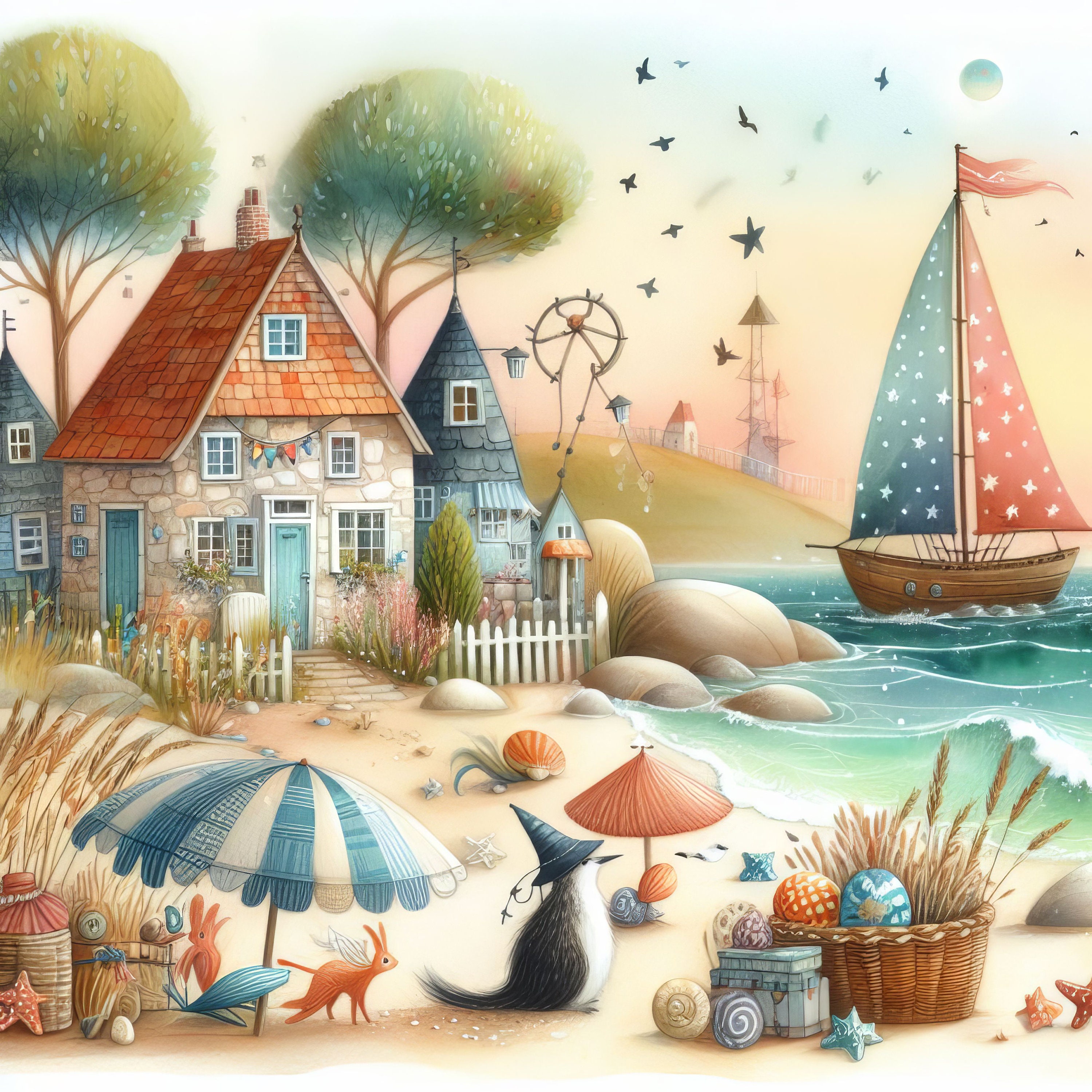 Whimsical Beach Vacation Clip Art 10 High Res Watercolor Jpgs for Junk ...