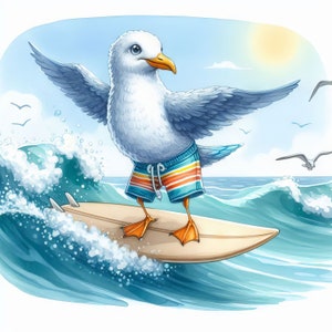 Quirky Seagull Surfing Clip Art 10 High Res Watercolor Jpgs Junk ...