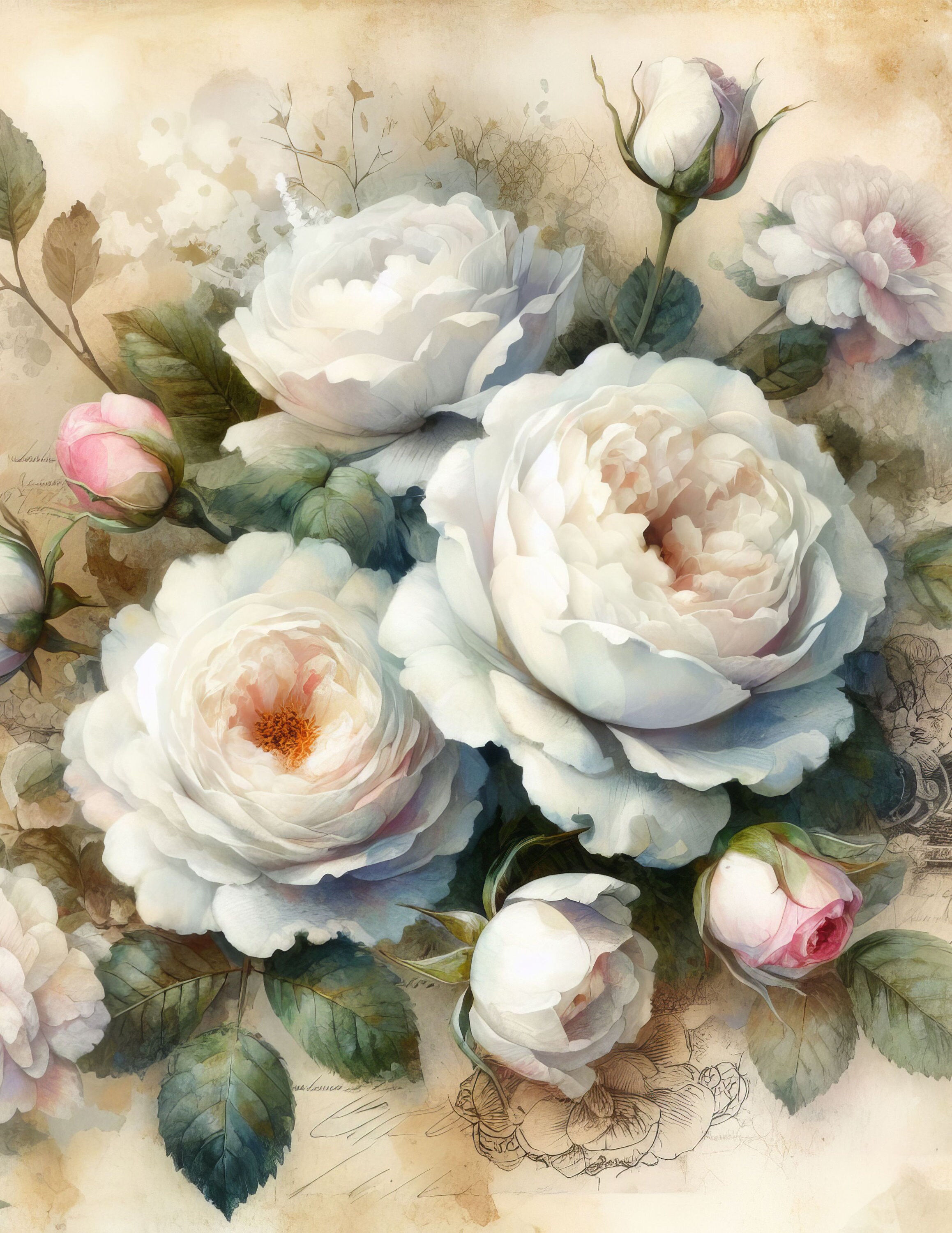 Vintage White Roses Clipart Bundle 10 High Res Watercolor Jpgs for Junk ...