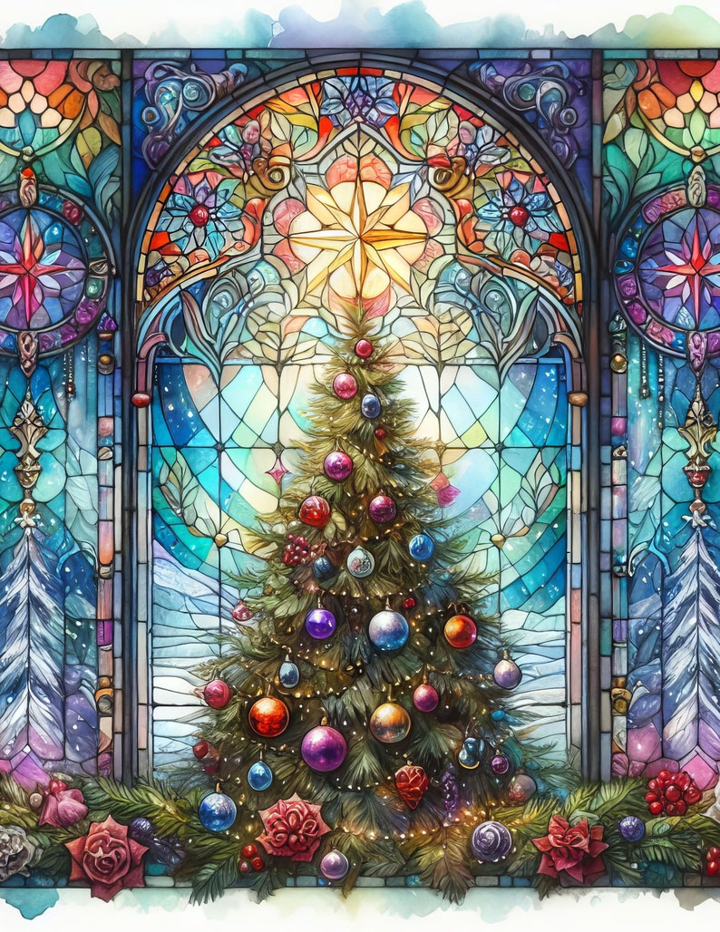Stained Glass Christmas Tree: Clip Art, 10 High Res Watercolor Jpgs ...