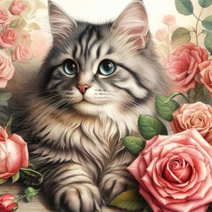 Cat With Roses: Clipart 10 High Res Watercolor Jpgs for Junk Journaling ...